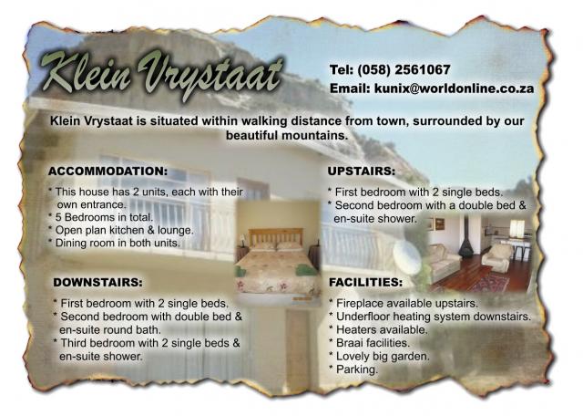 Klein Vrystaat Clarens - Accommodation Tourism